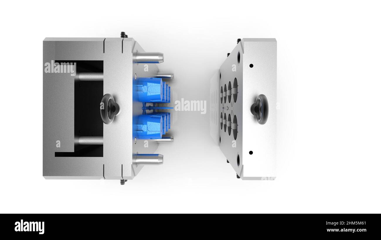 3D render of plastic moulding machine. Plastic injection moulding.Cups ...