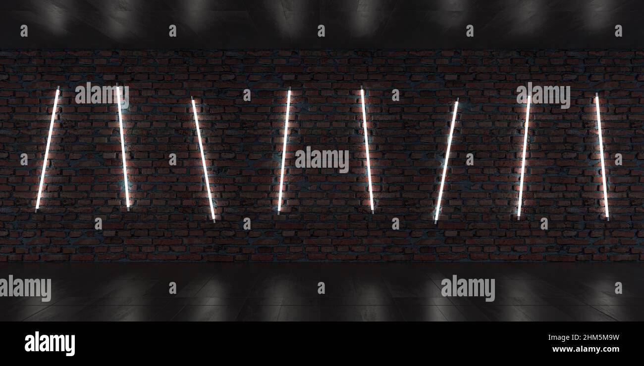 Dark stage room with glowing led lights on the brick wall, copy space ...