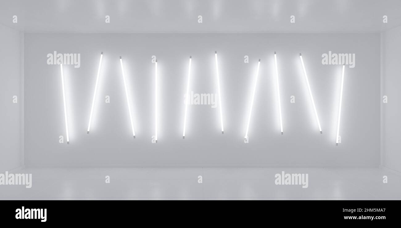 Bright gray stage room with copy space and glowing led lights on the ...