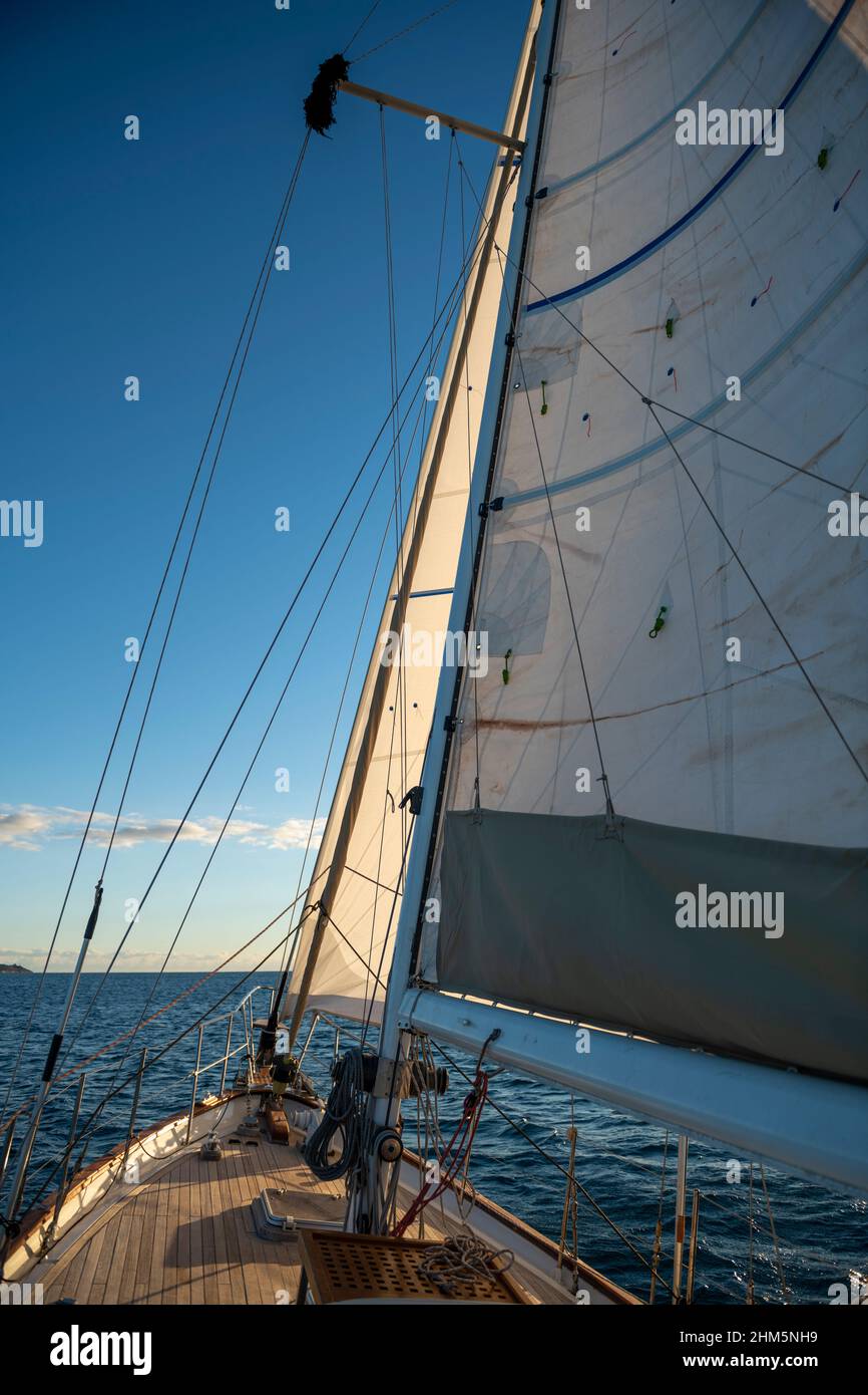 Sailing against the wind through the waves, Alicante bay, Costa Blanca ...