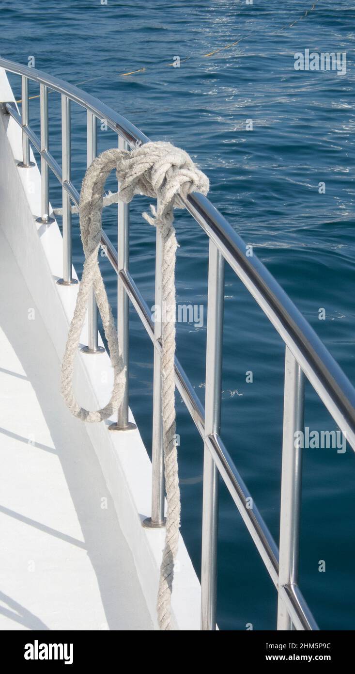 Detail of chrome railings on a liveaboard boat in the Maldives during ...
