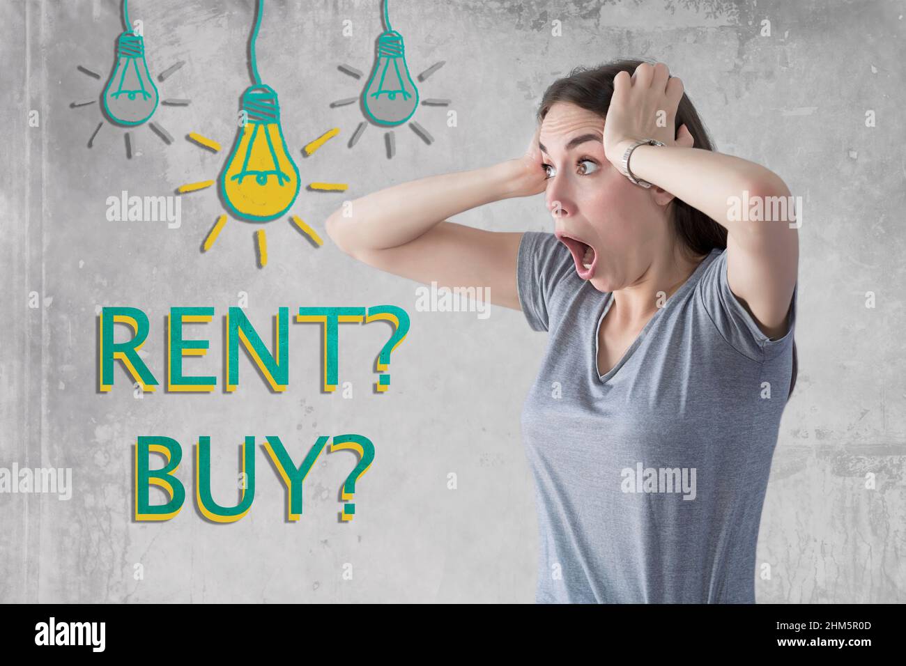 Angry woman screaming and wondering rent or buy with her hands on head ...