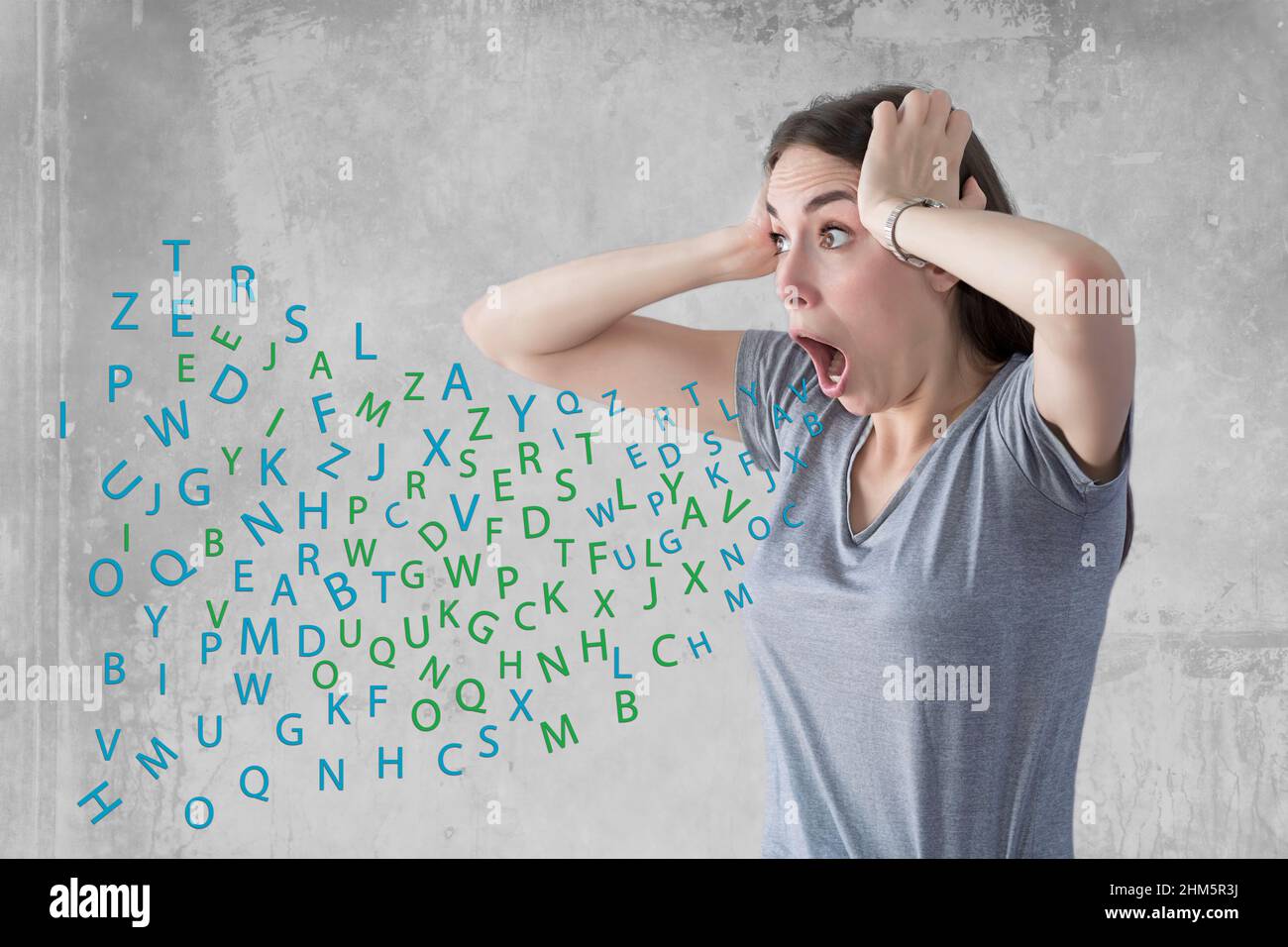 Angry woman screaming with her hands and letters coming out of open ...