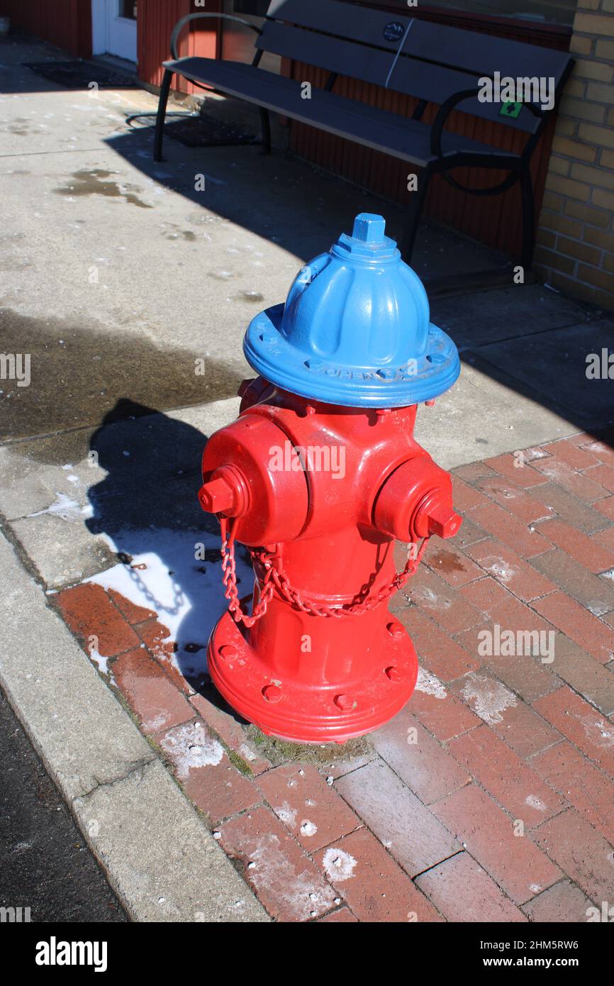 Red and blue fire hydrant on small town street Stock Photo - Alamy