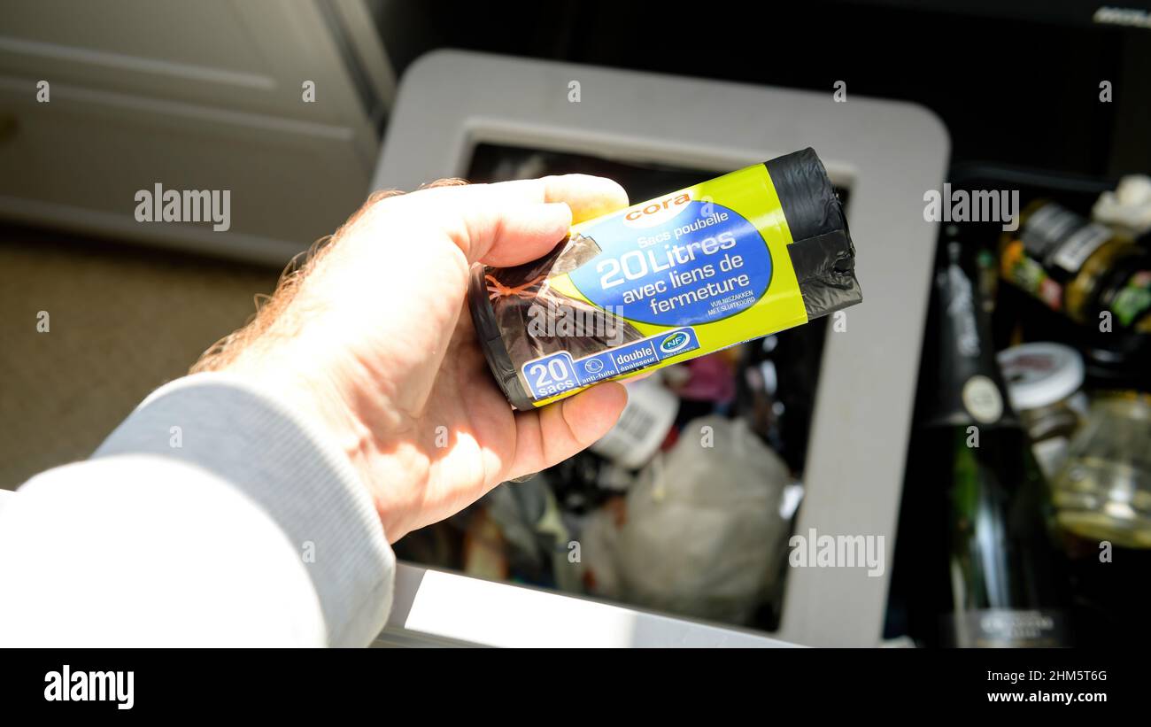 Paris, France - Apr 24, 2021: Personal perspective Male hand holding ...