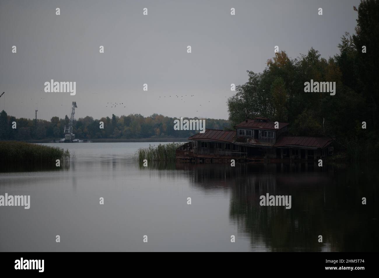 The Pripyat River viewed from Cafe Pripyat, in Pripyat, Ukraine, near ...