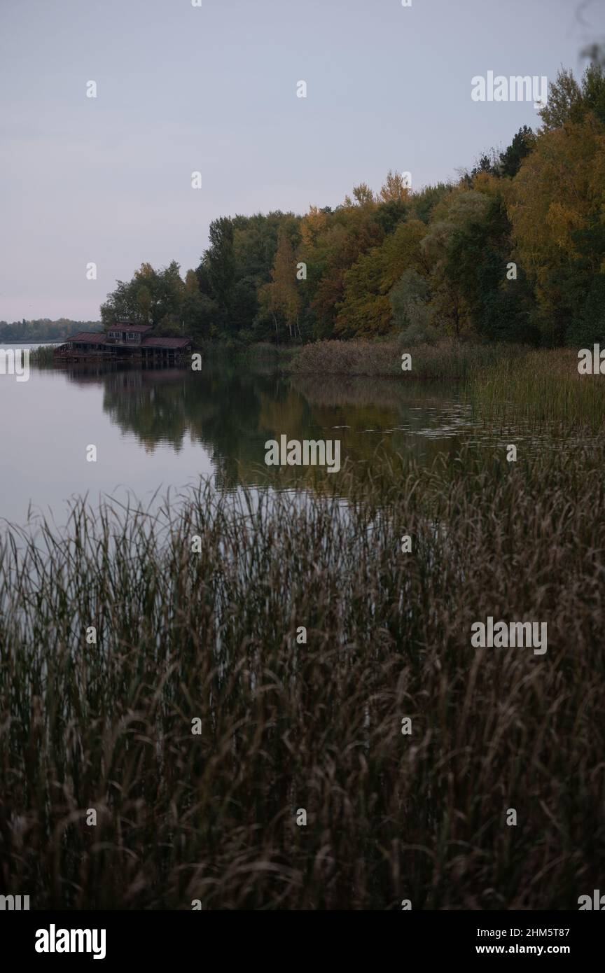 The Pripyat River viewed from Cafe Pripyat, in Pripyat, Ukraine, near ...