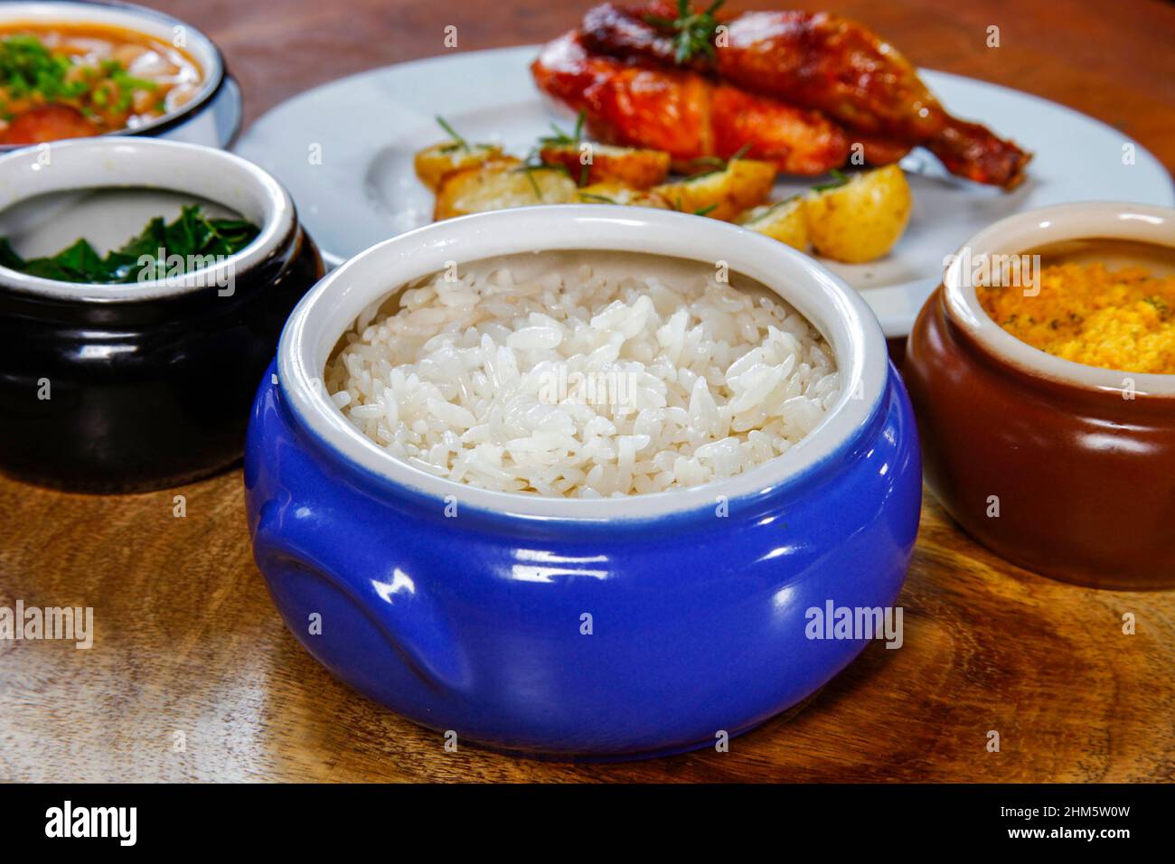 Traditional cooked white rice in Brazilian food, tutu, feijao Stock ...