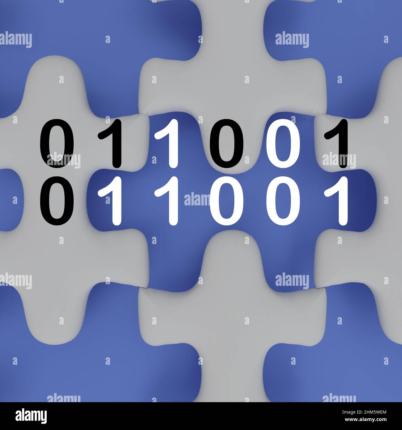 3D illustration of two matching binary code sequences located on puzzel ...