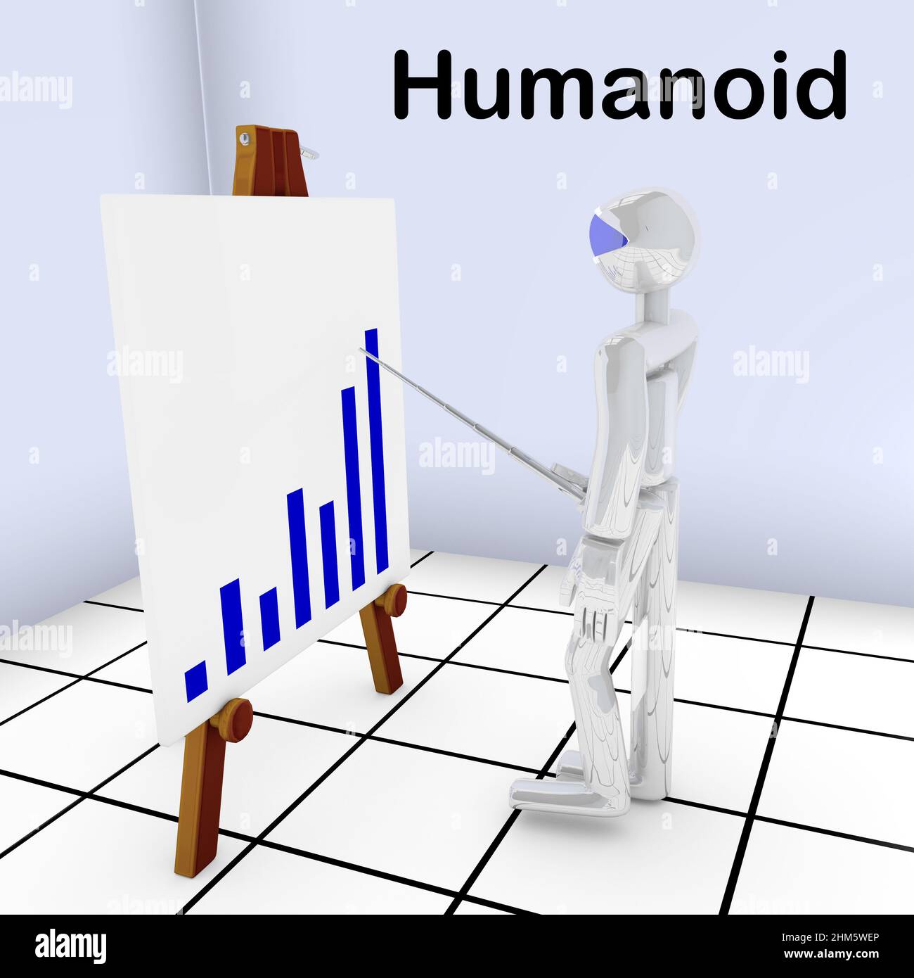 3D illustration of a humanoid robot holding a telescopic pointer stick ...
