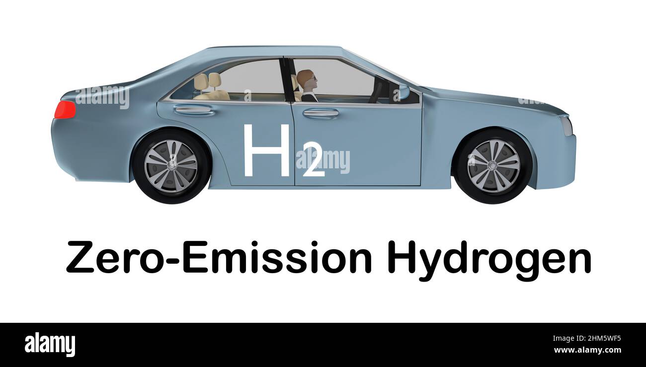 3D illustration of H2 script on a car and Zero-Emission Hydrogen title ...