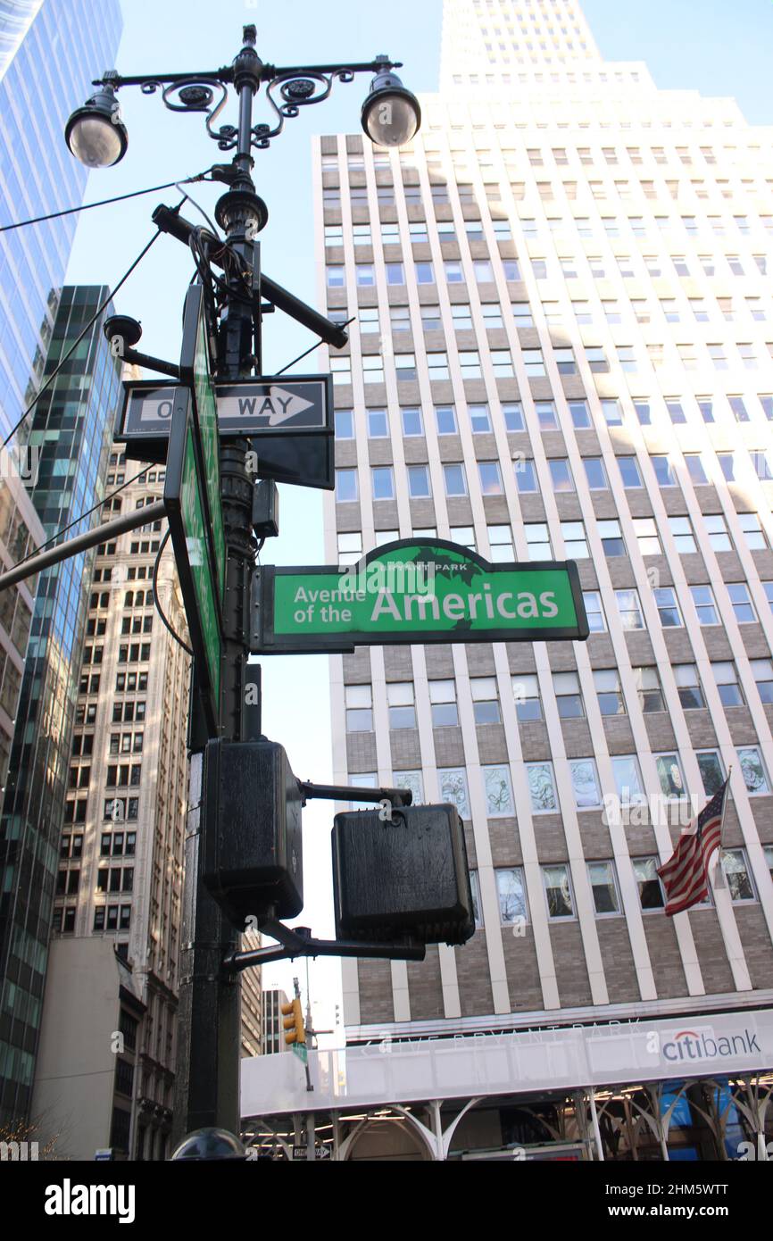 Avenue of the Americas street sign near Bryant Park, New York, NY Stock ...