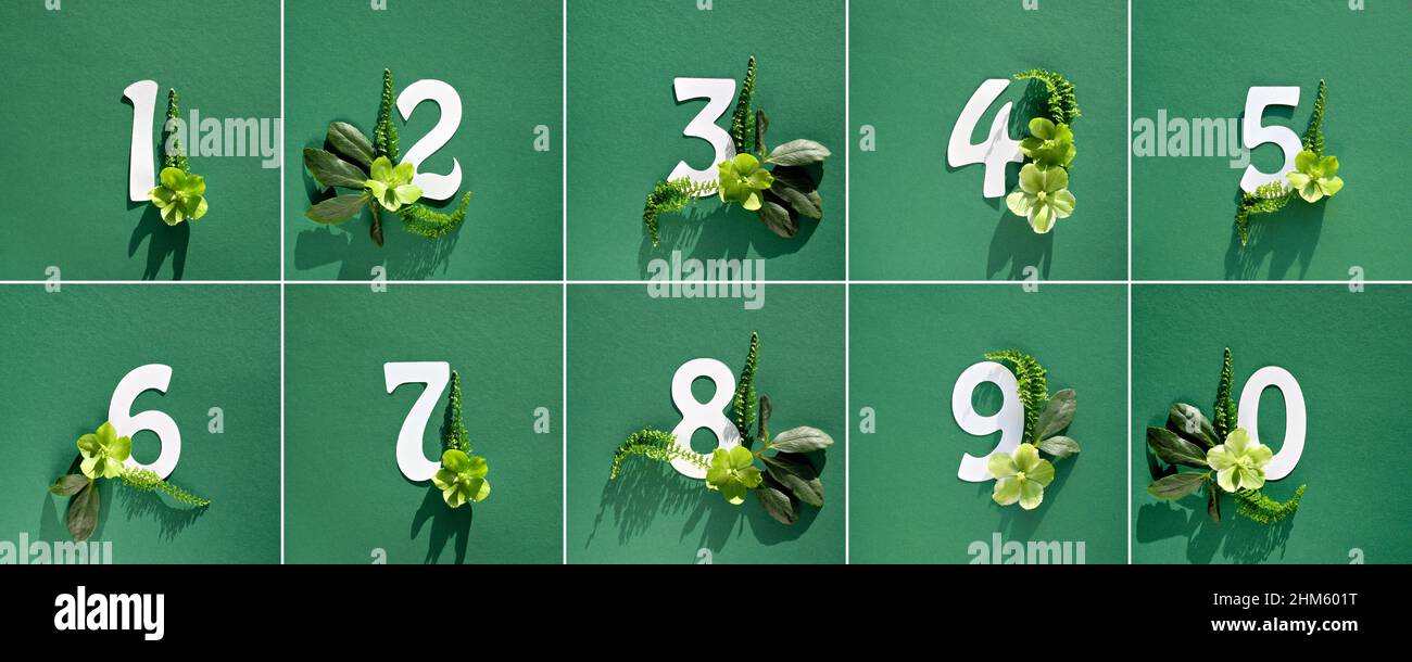 White paper numbers one to ten and zero on green. White and green ...