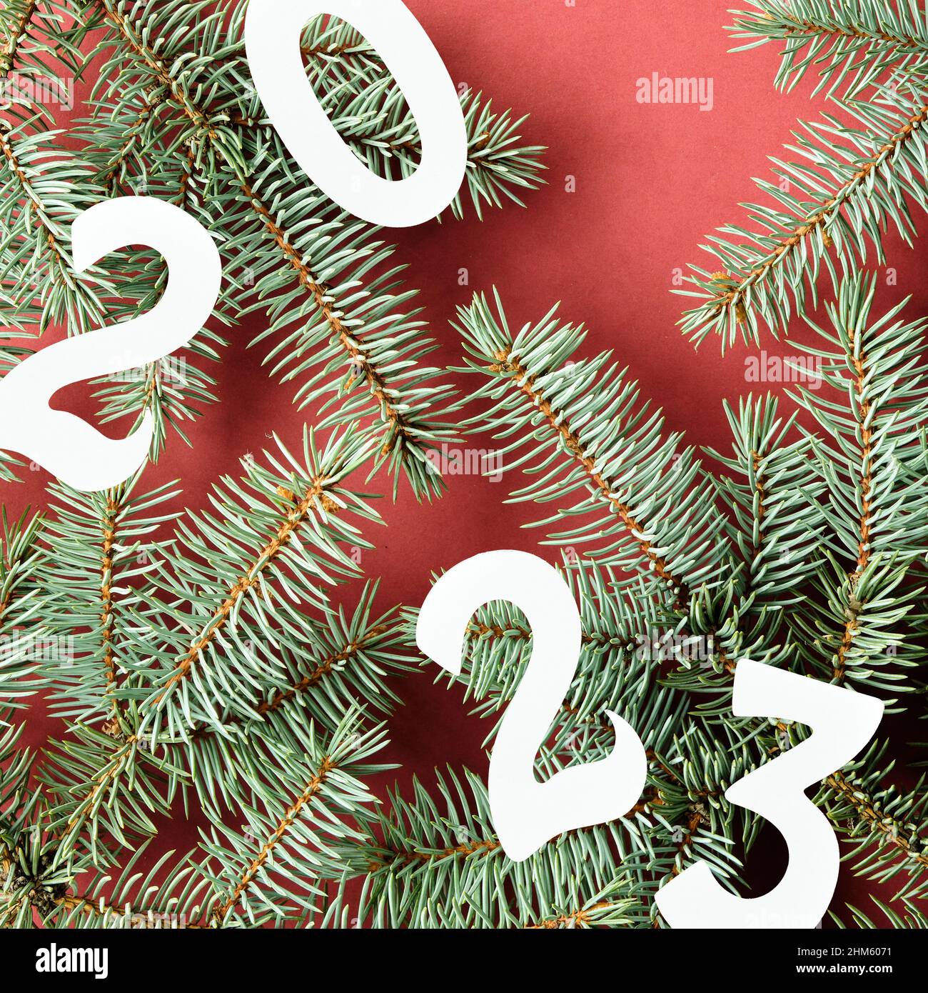 Outline of 2023 paper numbers on red background with natural fir twigs ...