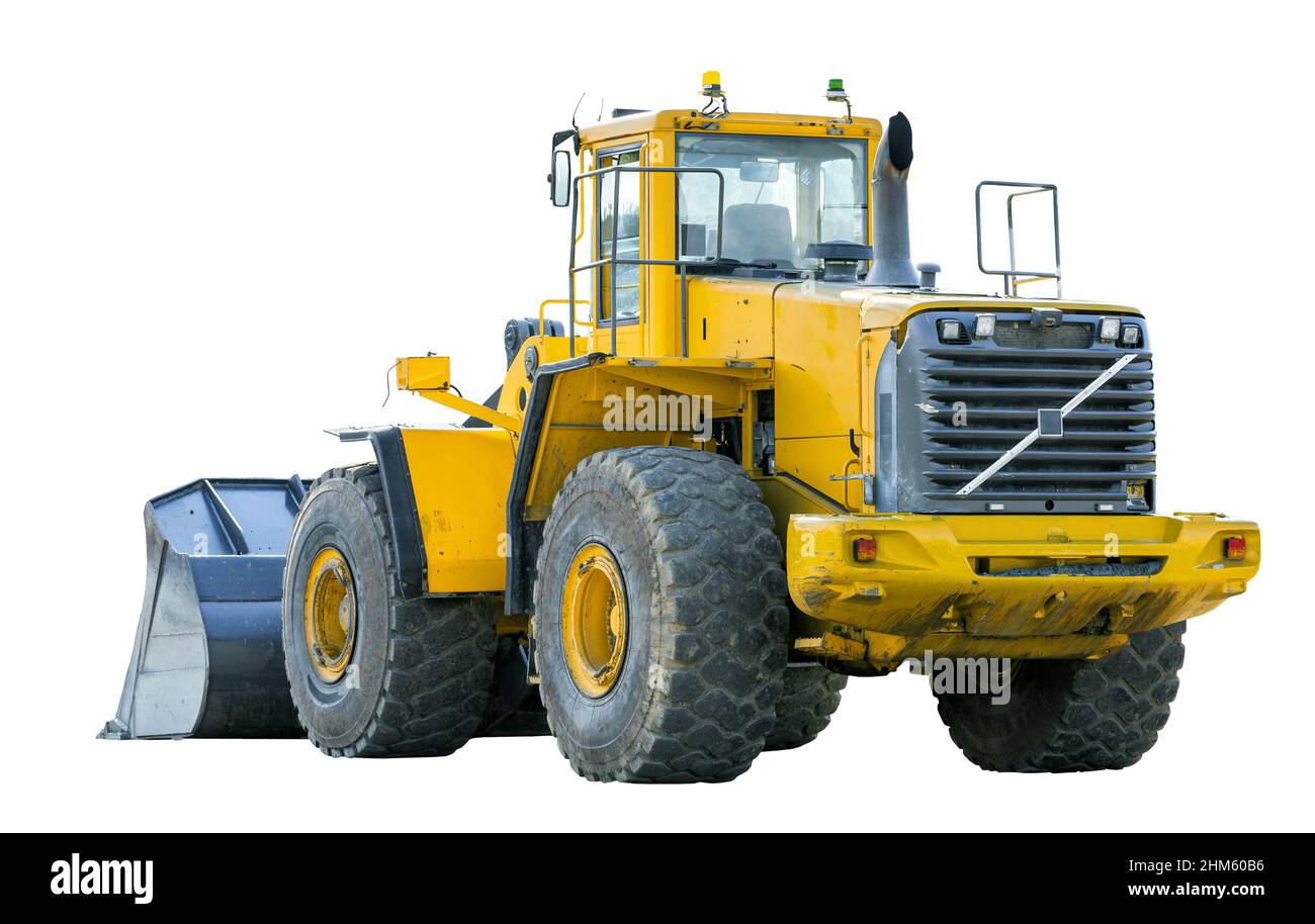 Yellow wheel loader back view isolated on white background Stock Photo ...