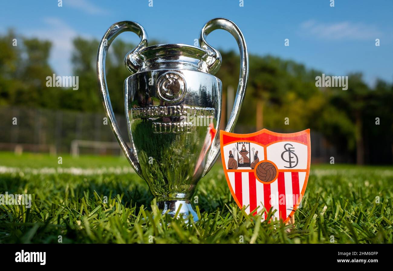August 30, 2021, Seville, Spain. The Sevilla FC emblem and the UEFA ...