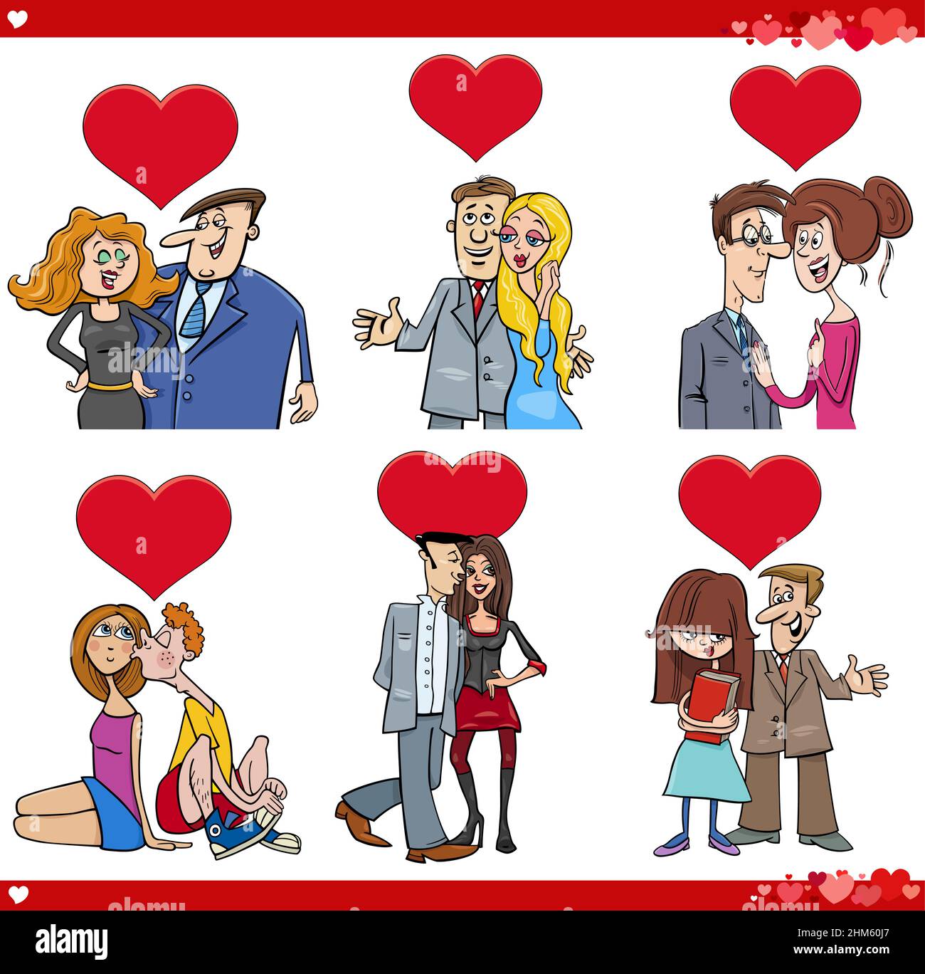 Cartoon illustration of comic couples in love on Valentines Day set ...