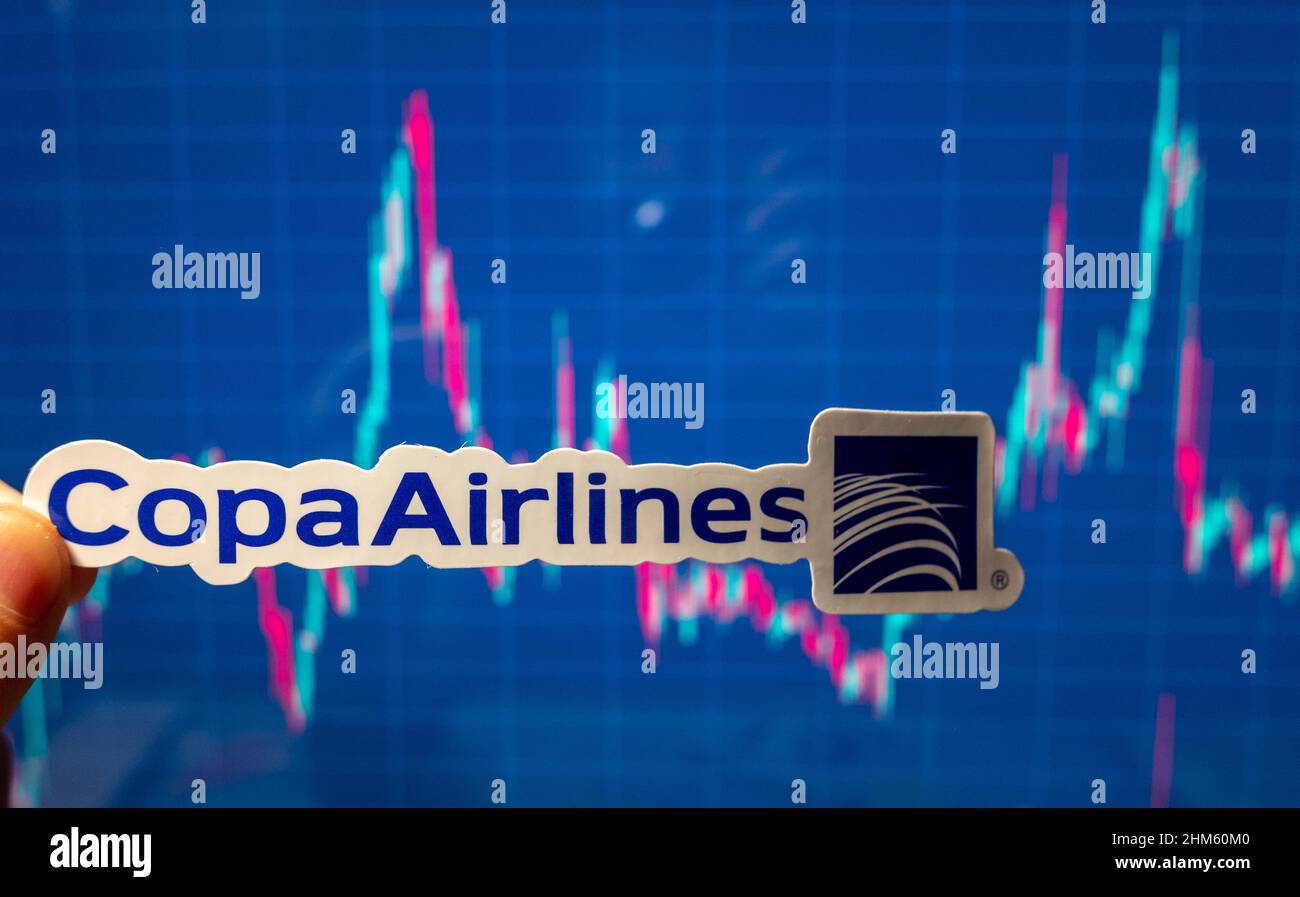 November 10, 2021, Panama. Copa Airlines emblem against the background ...