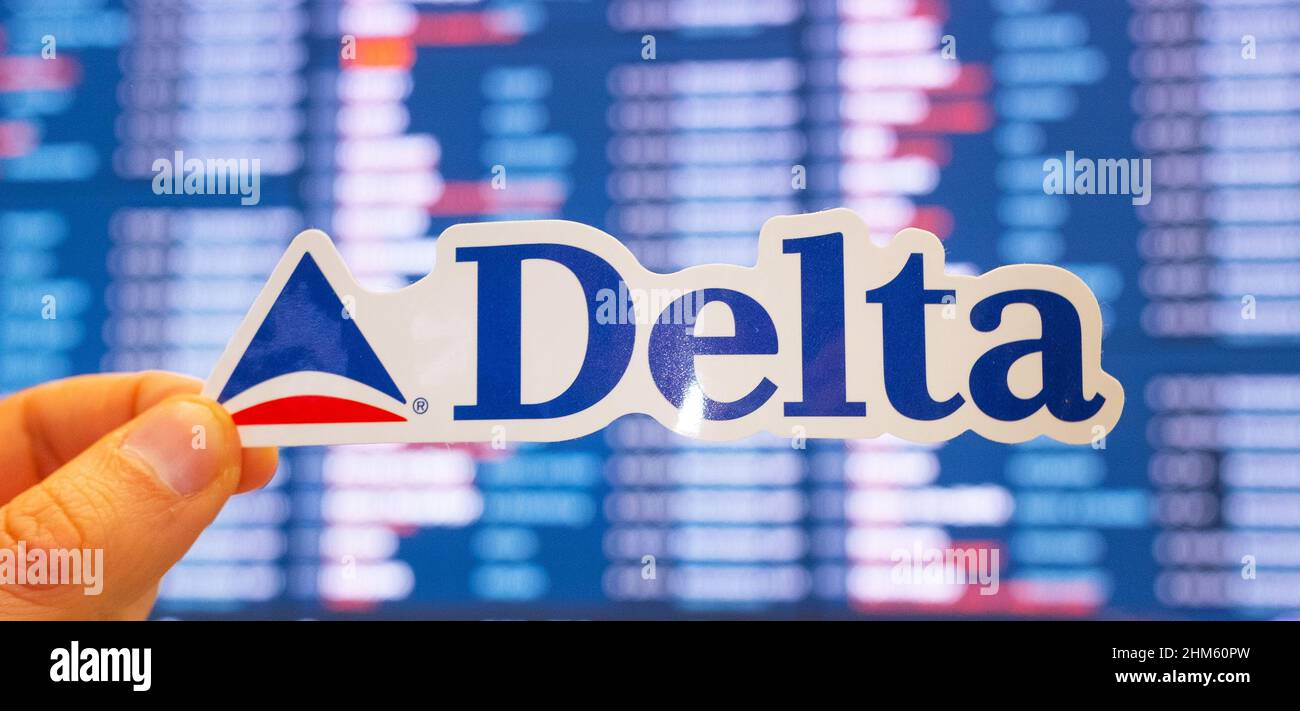 December 11, 2021, Atlanta, USA. The emblem of Delta Air Lines against ...