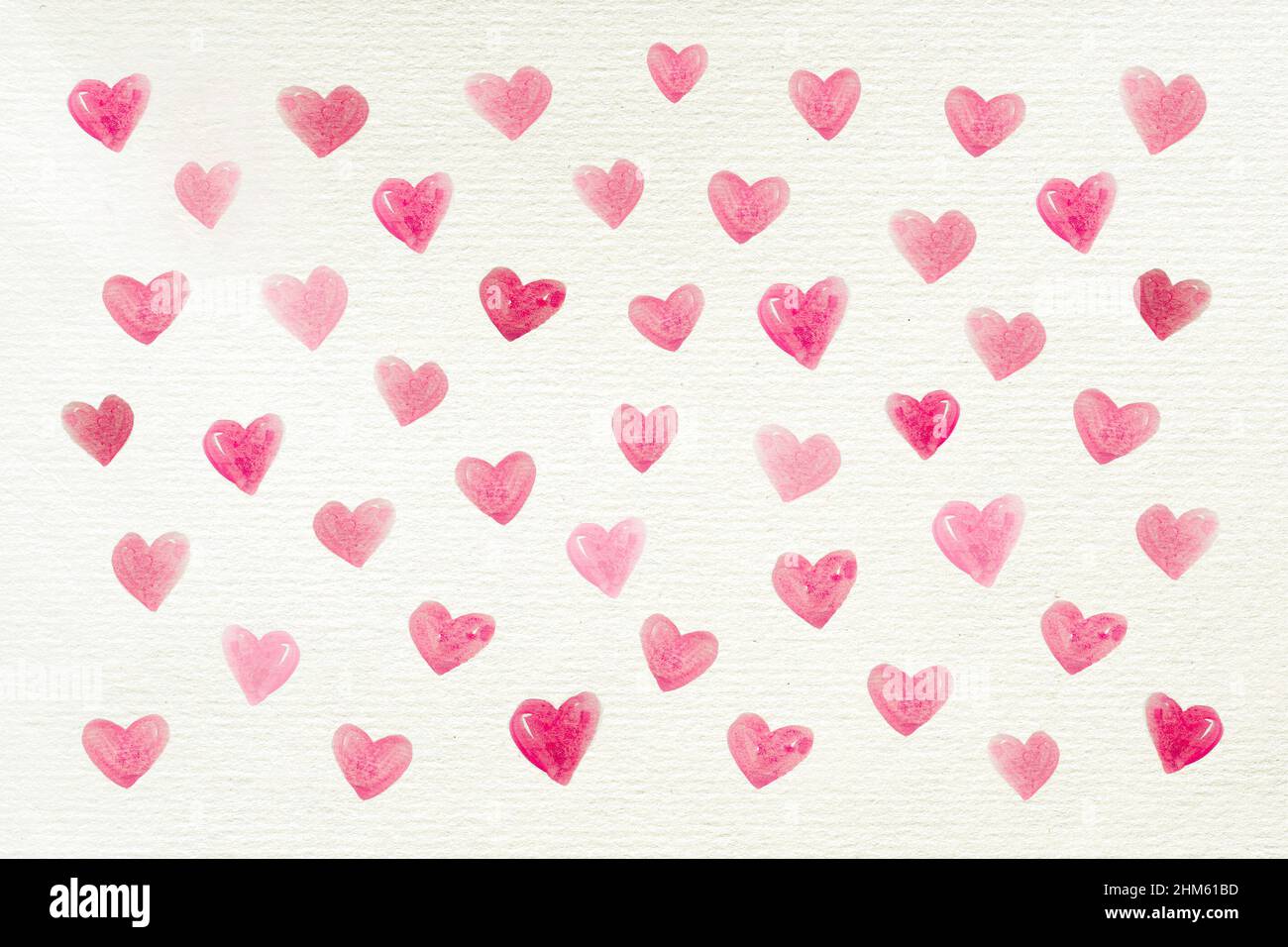 Love background with many watercolor hearts painted on a recycled white ...