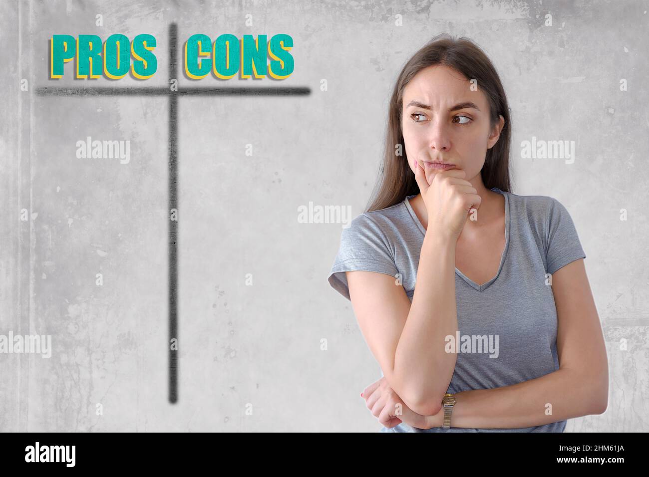 Portrait of wonderful young woman and pros and cons concept Stock Photo ...