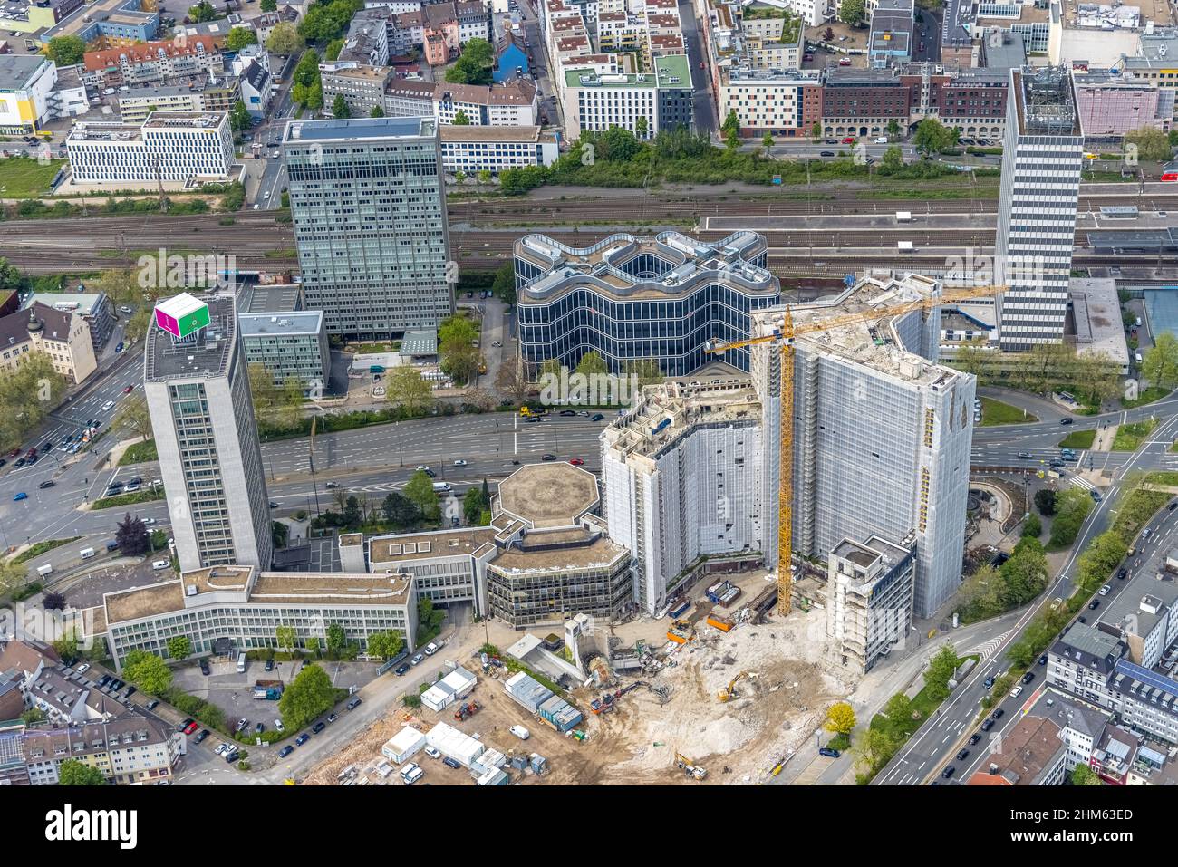 Aerial view, demolition of the Ypsilon building of the RWE headquarters ...