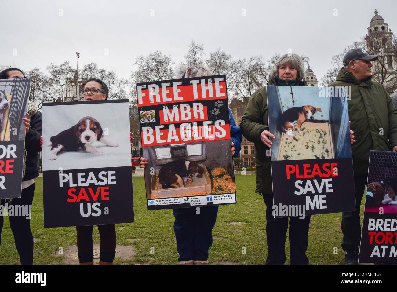 London, UK. 07th Feb, 2022. Activists hold placards calling for the MBR ...