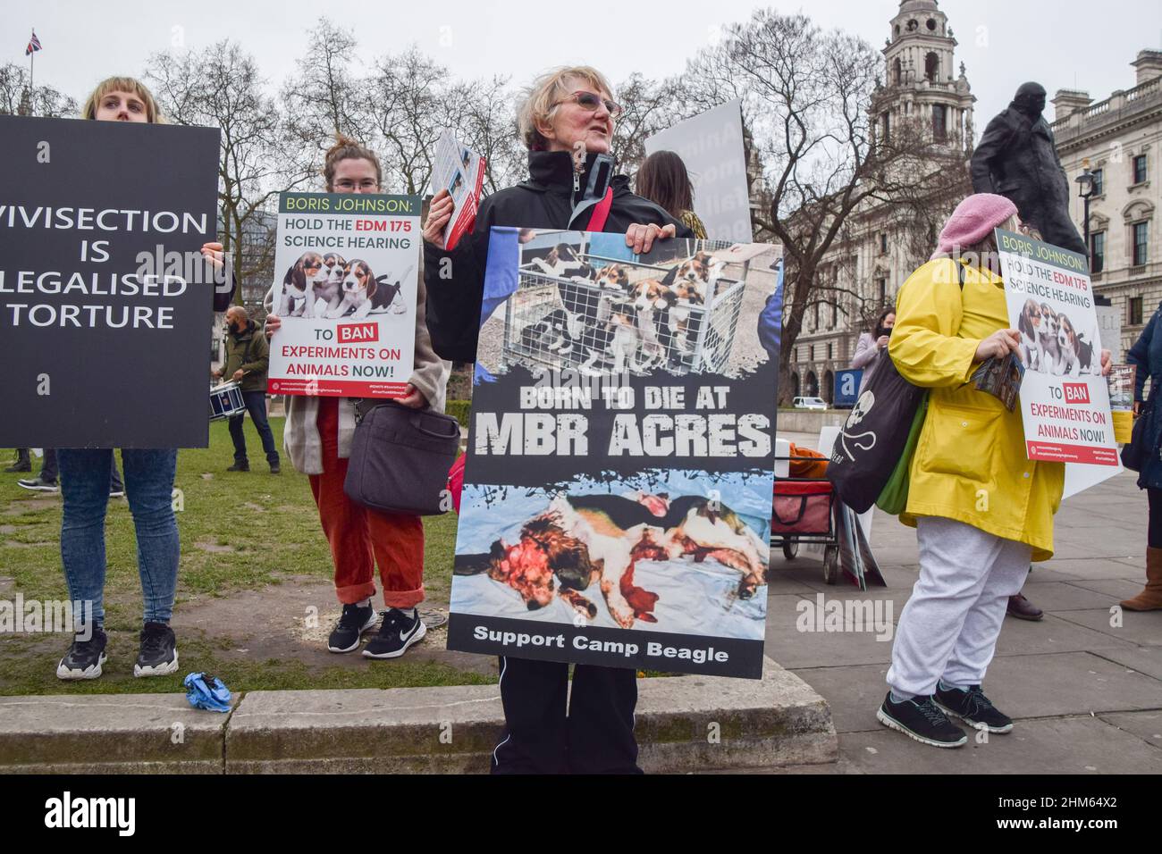 An activist holds a placard with a graphic image of a mutilated dog ...
