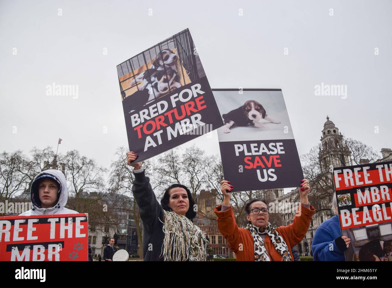 London, UK. 07th Feb, 2022. Activists hold placards calling for the MBR ...