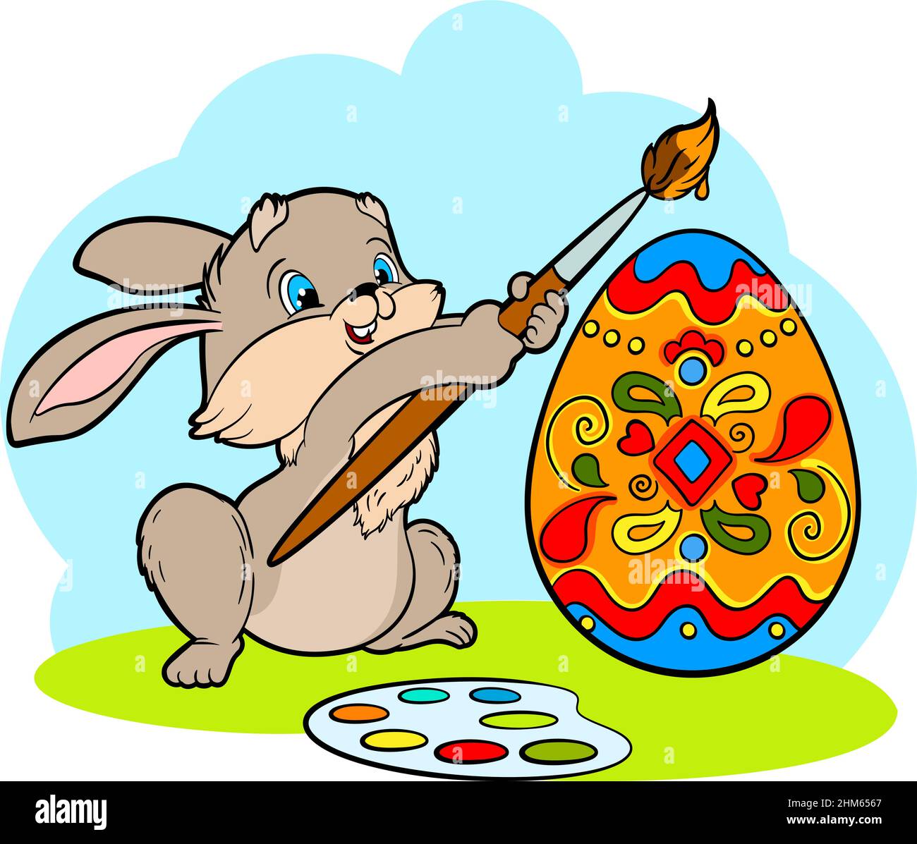 Cute easter bunny painting an easter egg with a brush.Vector ...