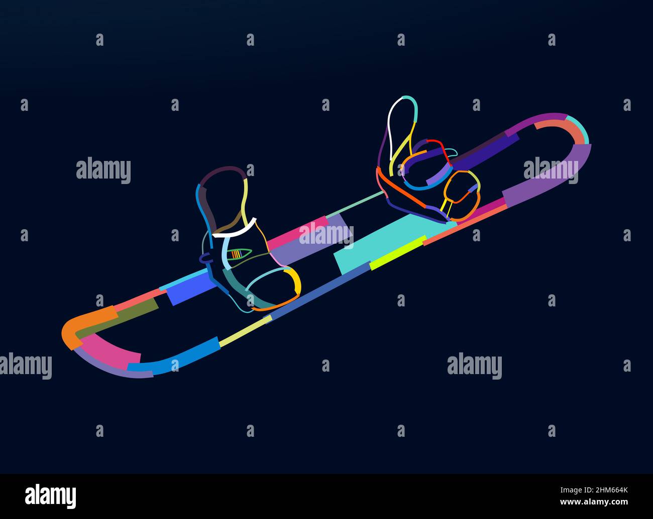 Abstract snowboard with bindings from multicolored paints. Colored ...