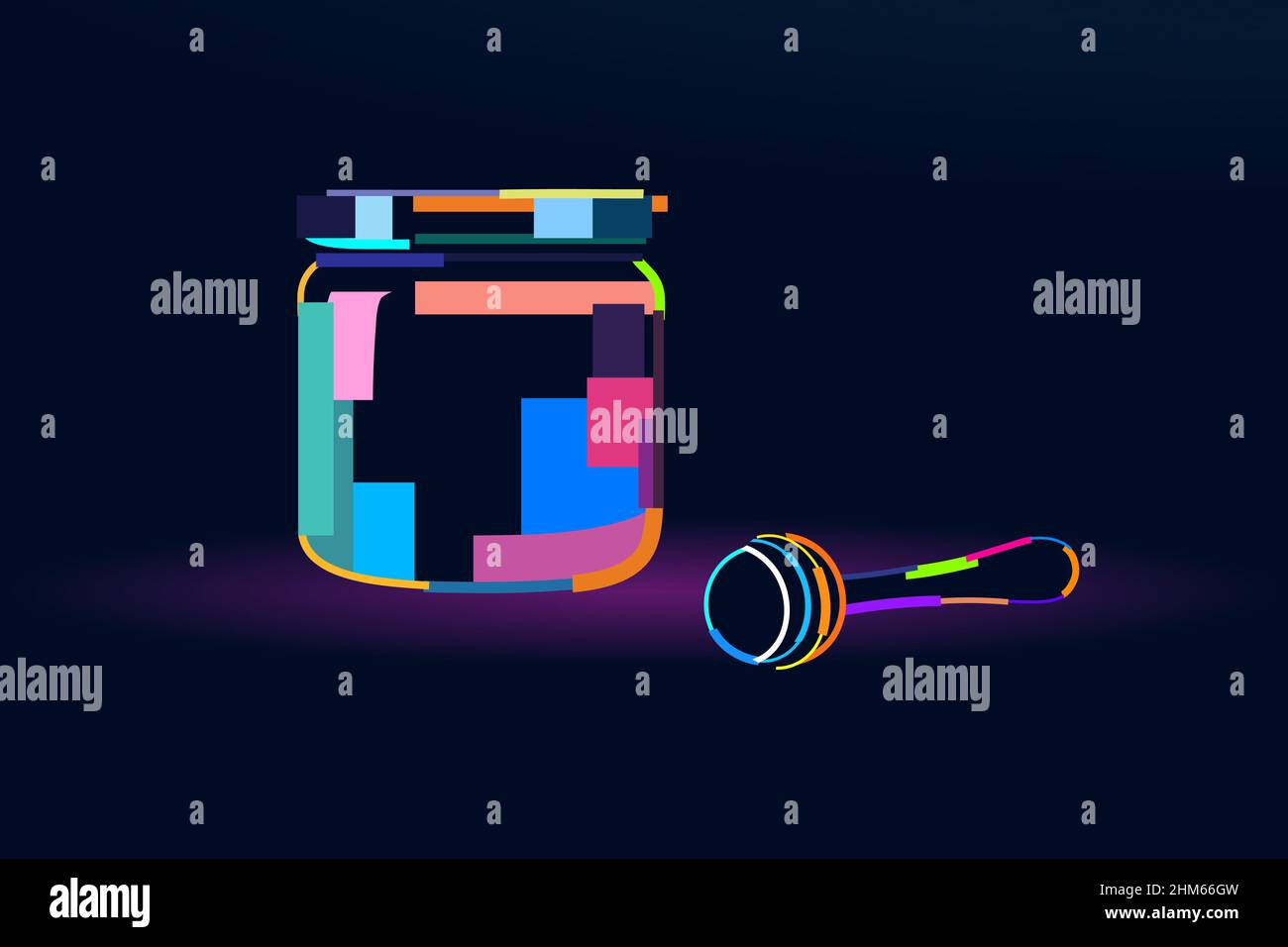 Abstract jar with honey and wooden dipper from multicolored paints ...