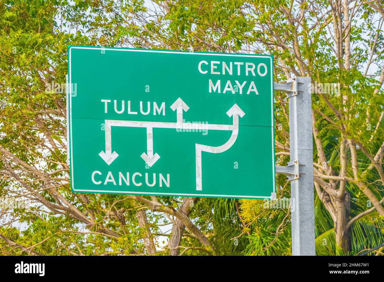 Puerto Aventuras Mexico 02. February 2022 Green turquoise road sign at ...