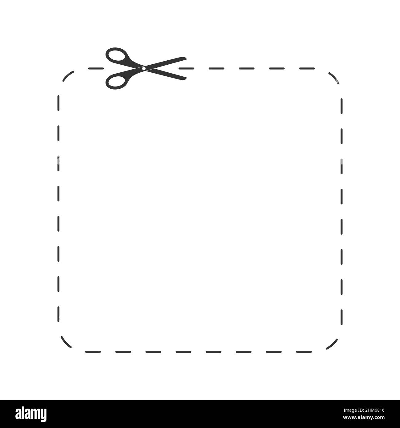 Scissors cutting dotted lined square shape. Cut here pictogram for ...