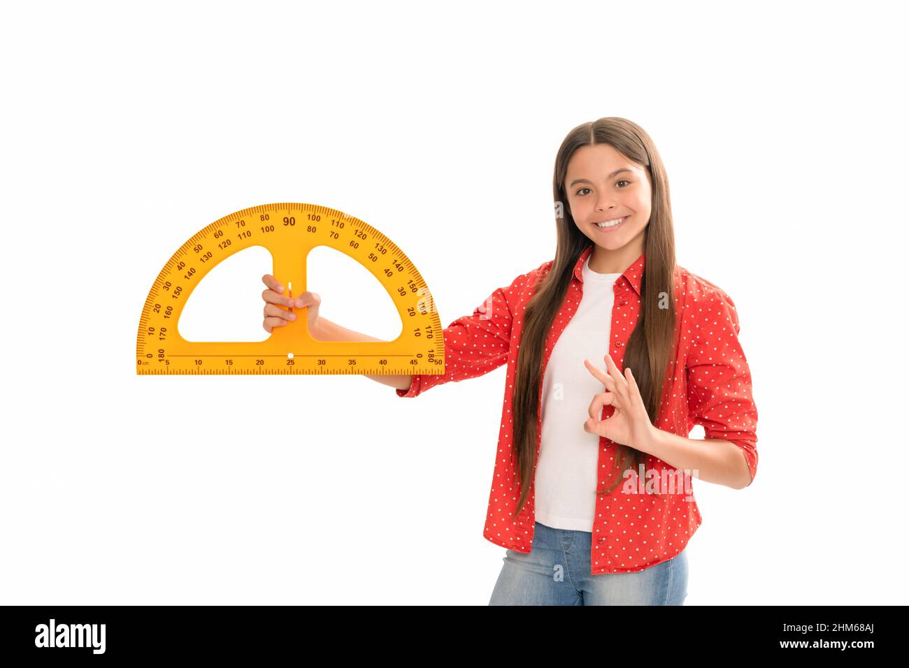 happy kid hold protractor study trigonometry at school isolated on ...