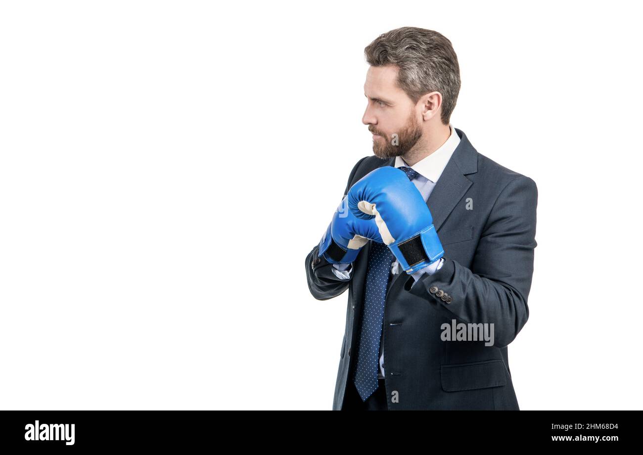 Serious professional man in boxing gloves and suit stand in fighting ...