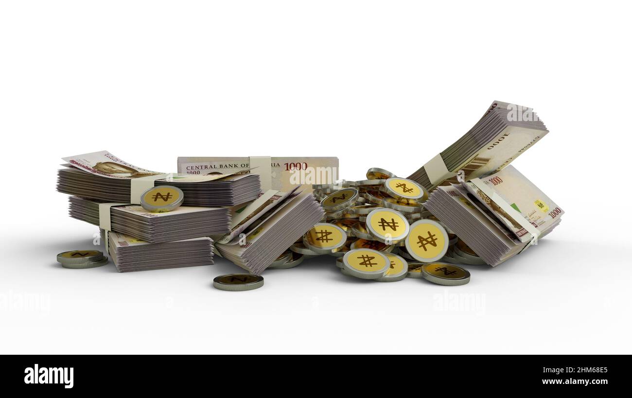 Nigerian Naira notes and coins. 3D rendering of bundles of banknotes ...
