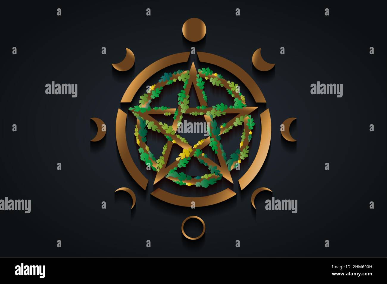 Gold Pentacle circle symbol and Phases of the moon. Golden Wiccan ...