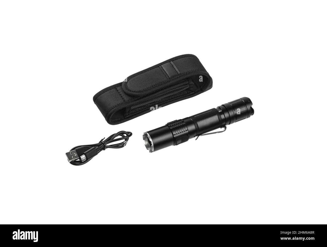 Modern metal LED flashlight. Portable lighting device. Isolate on a ...