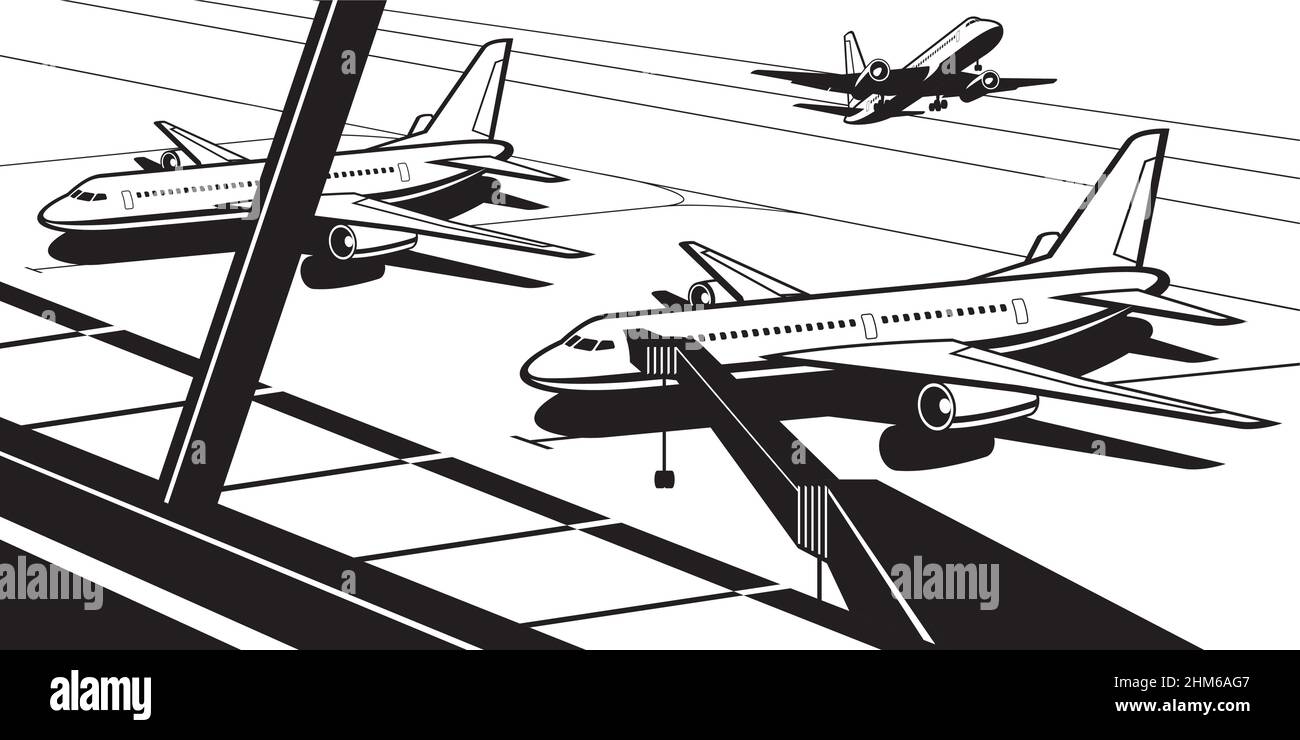 Passenger airplanes at airport terminal - vector illustration Stock ...
