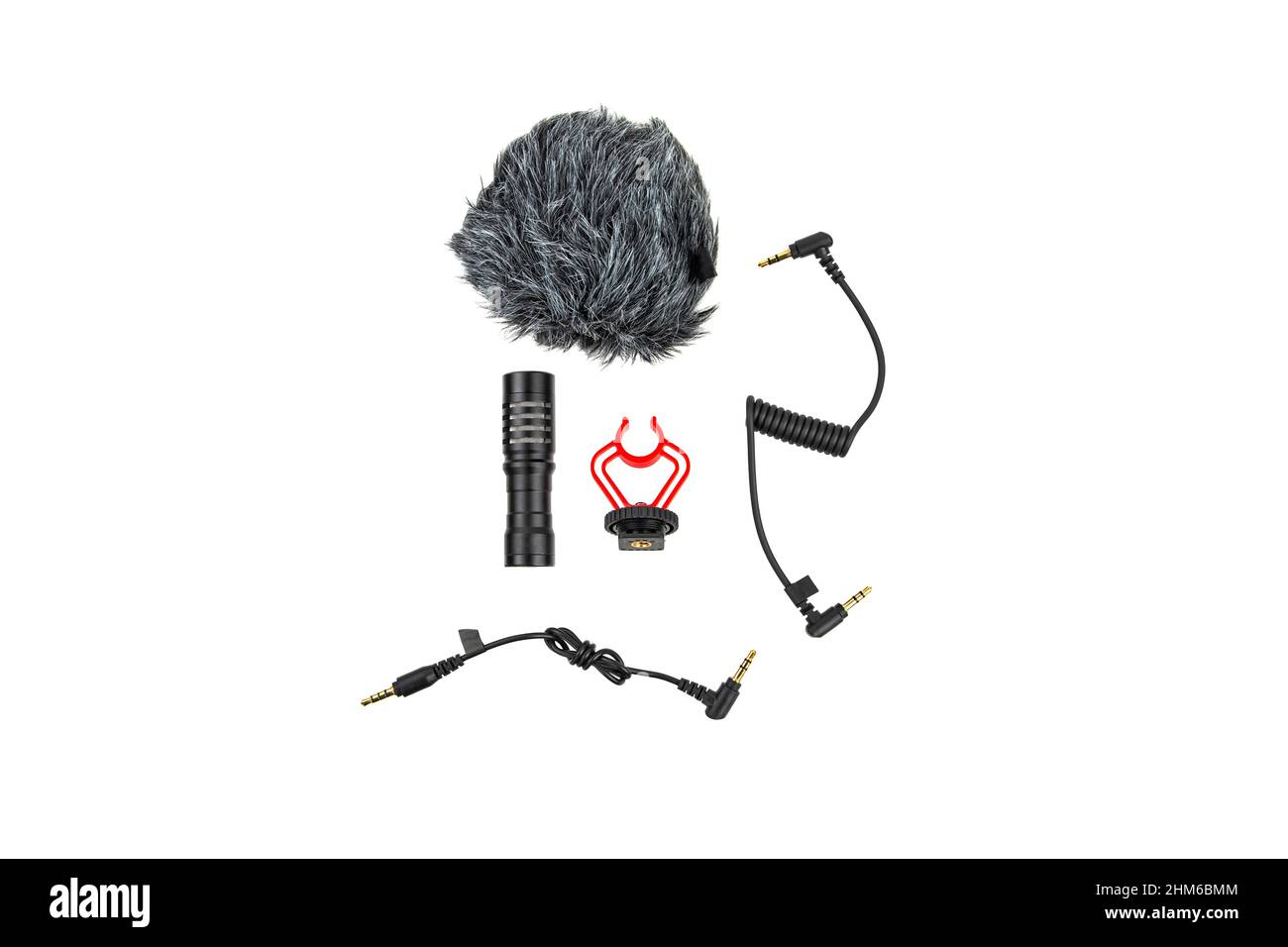 Small modern on-camera microphone with wind protection. Directional ...