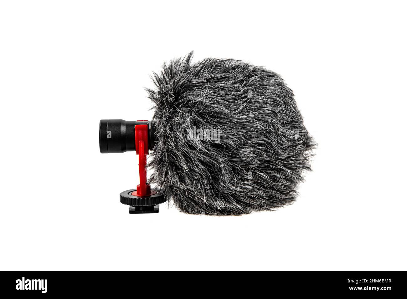 Small modern on-camera microphone with wind protection. Directional ...