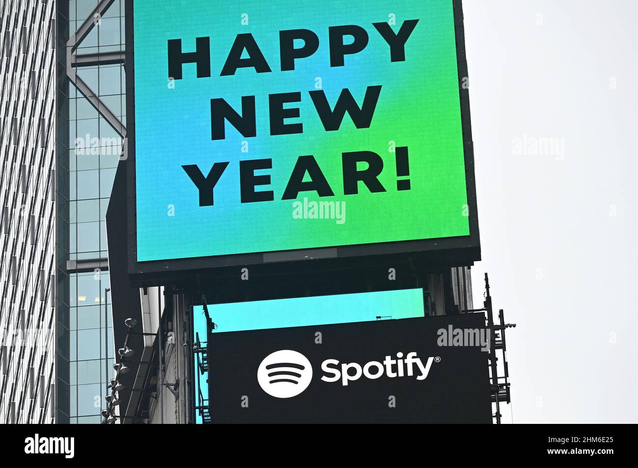 View of the Spotify audio streaming platform logo on a billboard in ...