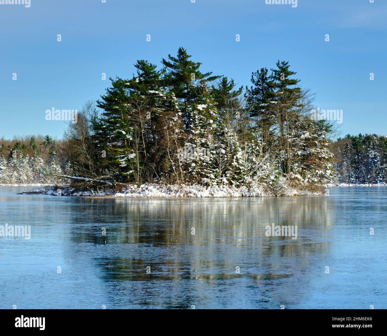 winter scene: small island of trees covered in snow surrounded by ice ...