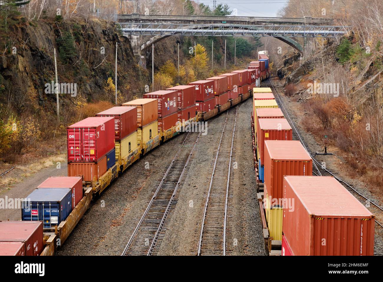 Train loaded with container cargo as it exit the port. Halifax, Canada ...