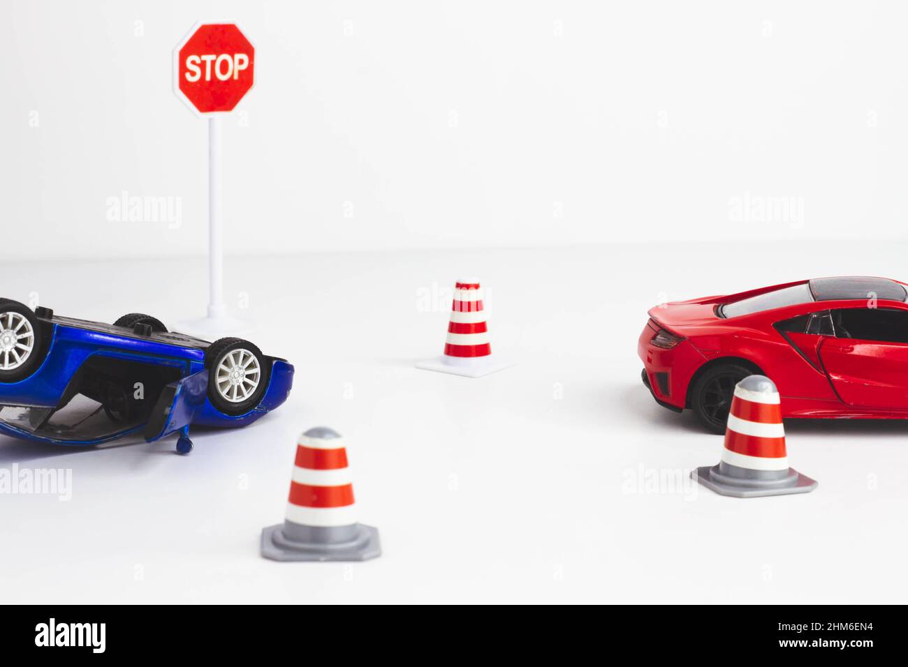 Crash. Signs and cones on the road. Guardrail on the roadway Stock ...