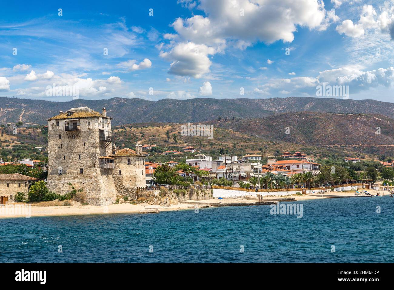 Ouranoupolis tower in Chalkidiki, Greece in a summer day Stock Photo ...