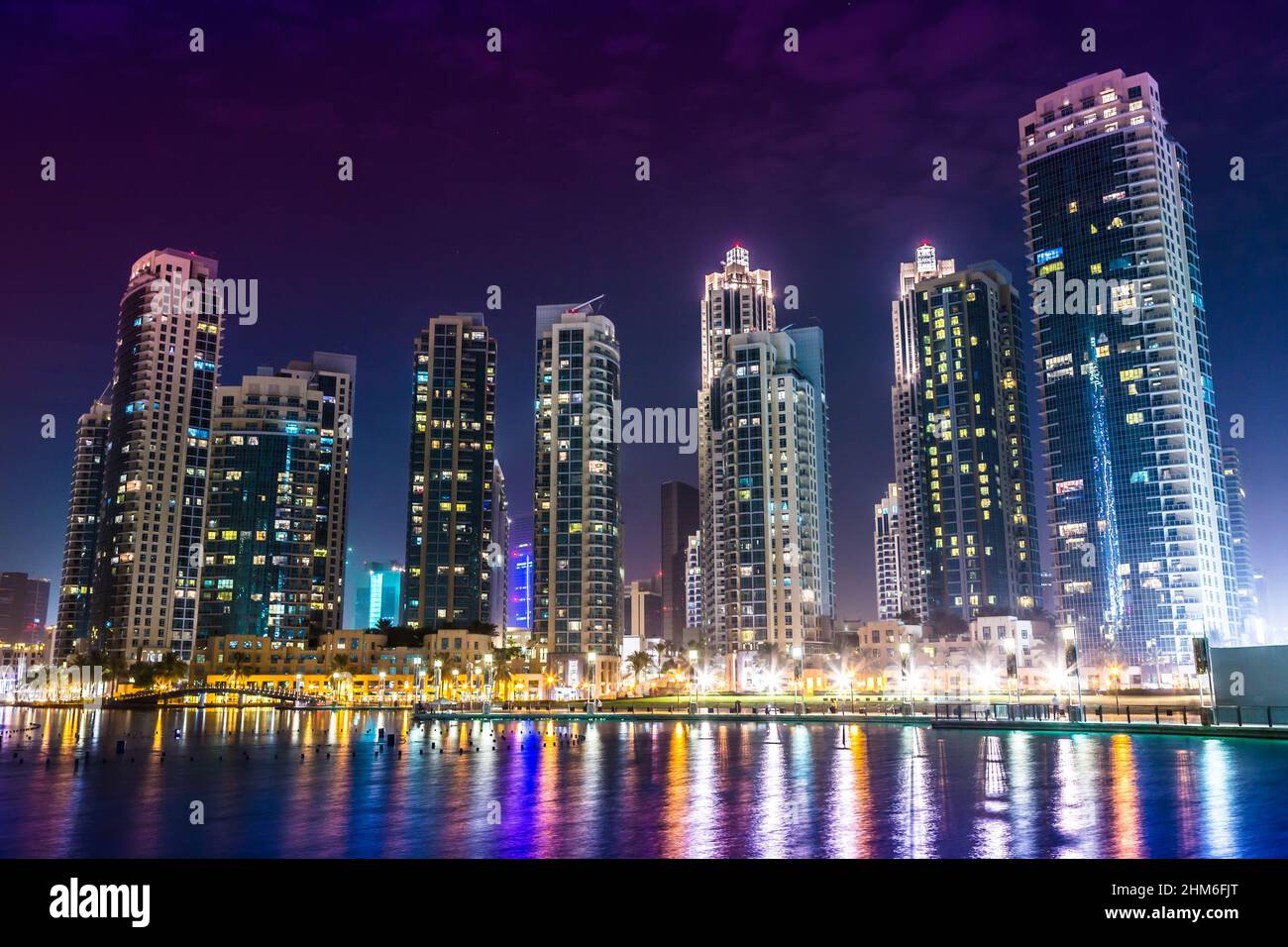 DUBAI, UAE - NOVEMBER 13: Dubai downtown night scene with city lights ...