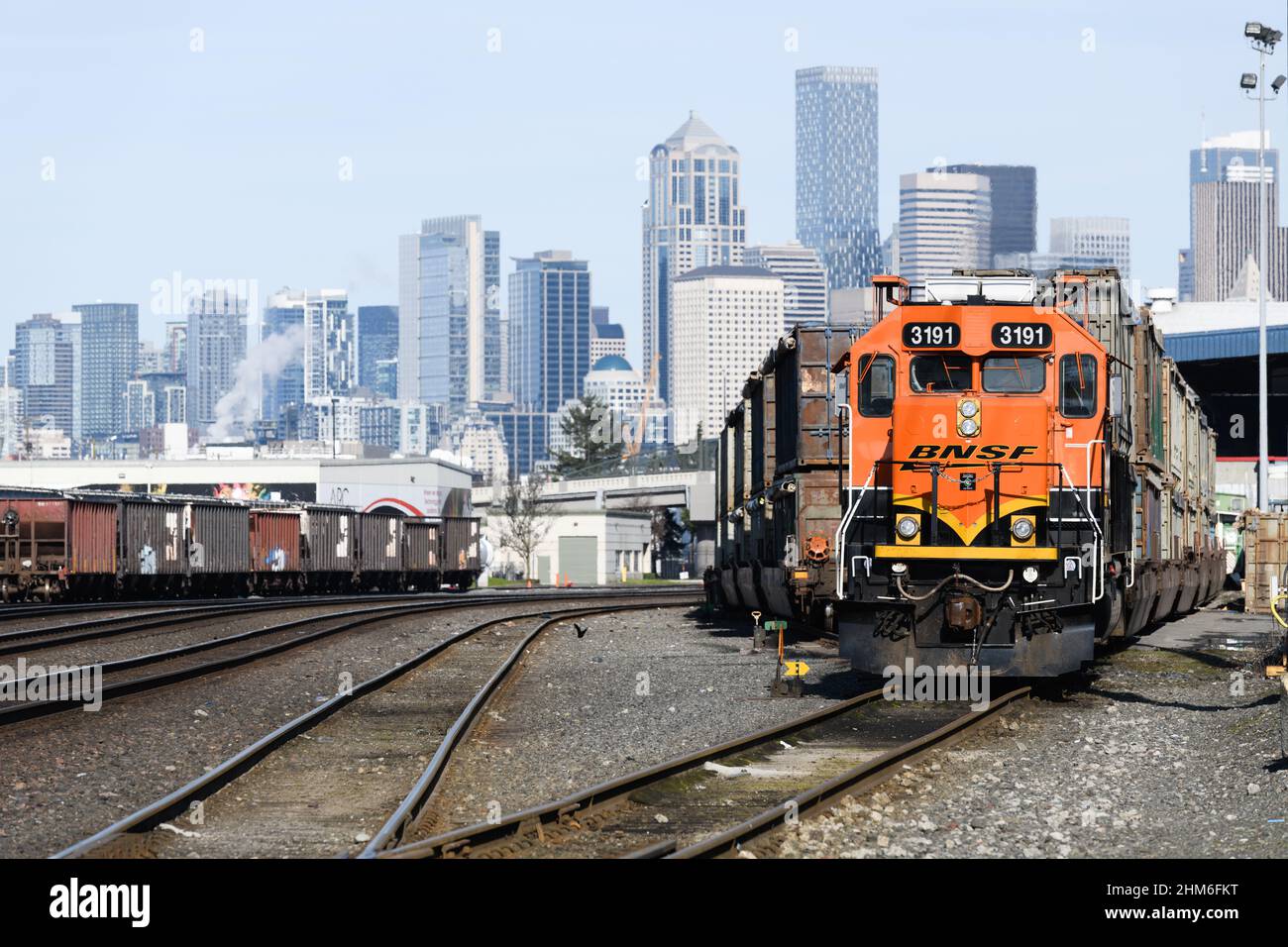 Seattle - February 06, 2022; BNSF freight train on the edge of downtown ...