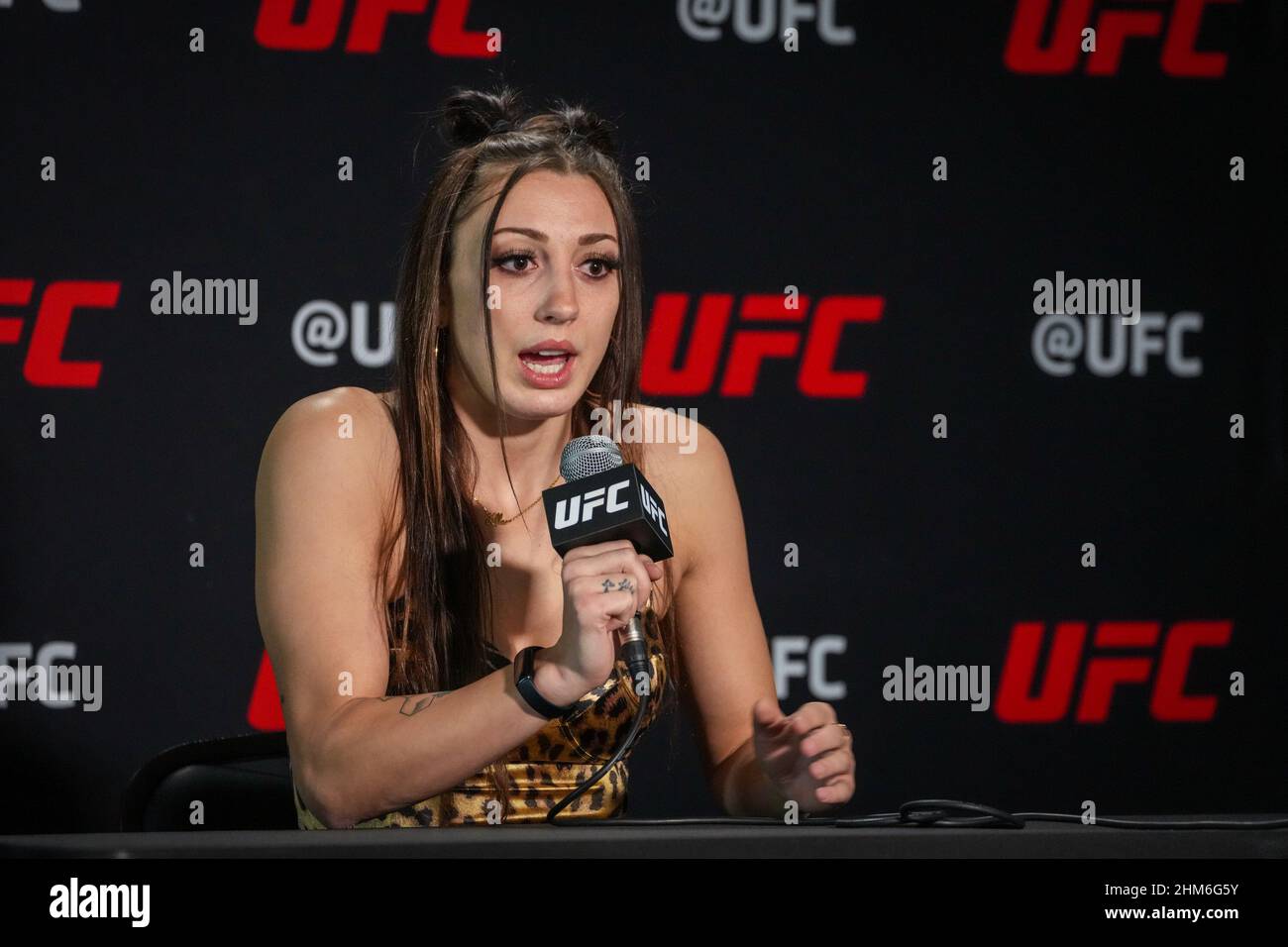 LAS VEGAS, NV - FEBRUARY 7: Juliana Miller meets with the press to ...